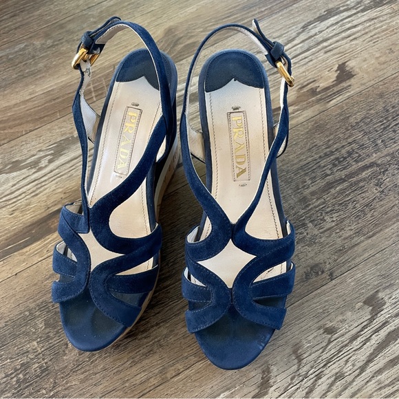 Prada | Shoes | Prada Blue Suede Wedges 36 2 | Poshmark